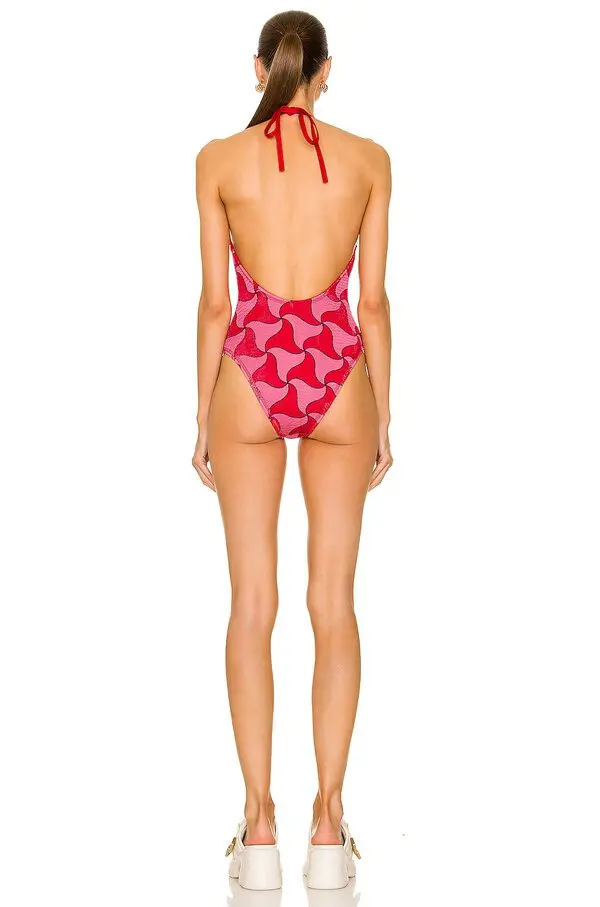 Bottega Veneta Wavy Triangle Crinkle Swimsuit - Pink & Scarlet